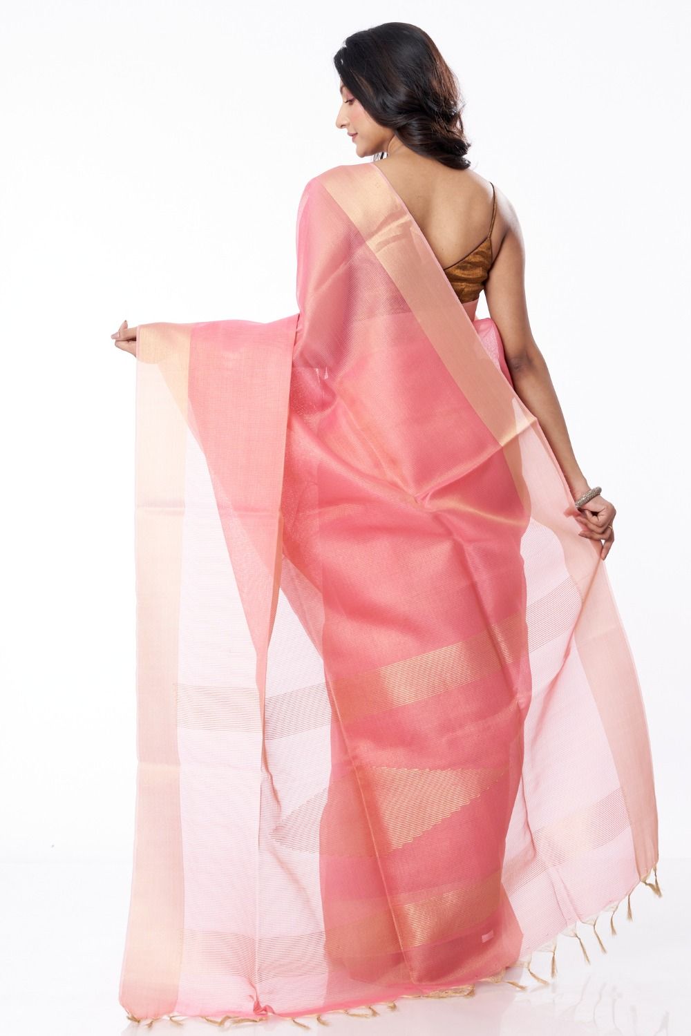 ROSE PINK TISSUE SAREE WITH ALL OVER GOLDEN THREADWORK, GOLDEN ZARI ...