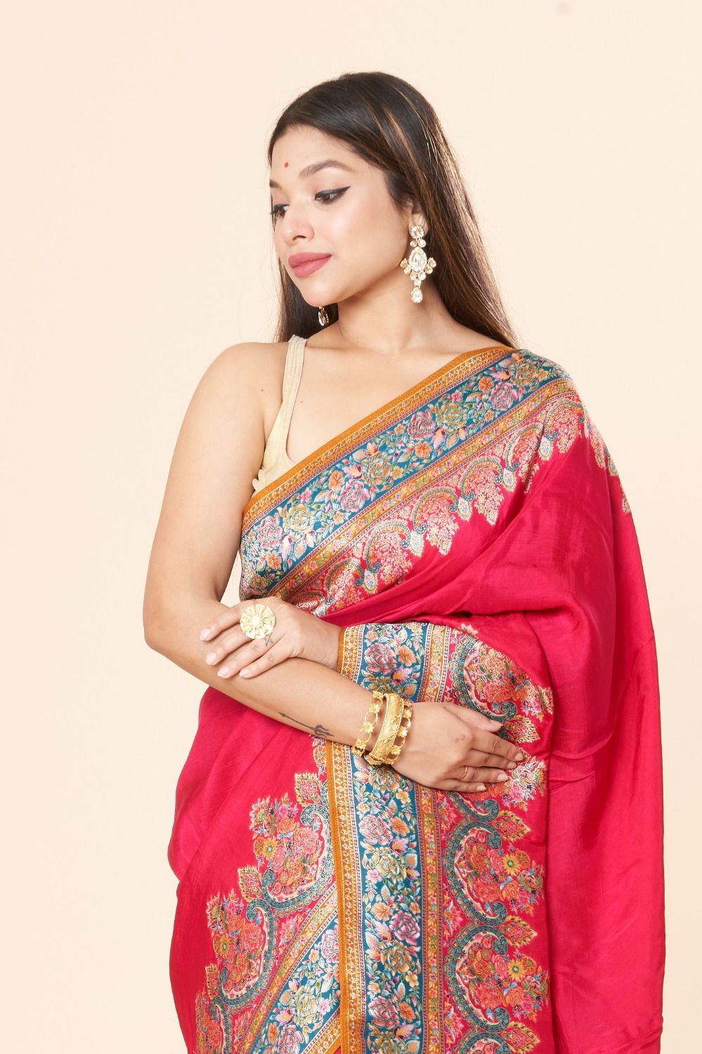 RUBY RED Kanni Silk Saree with Ornate Border & Pallu Embroidery and ...