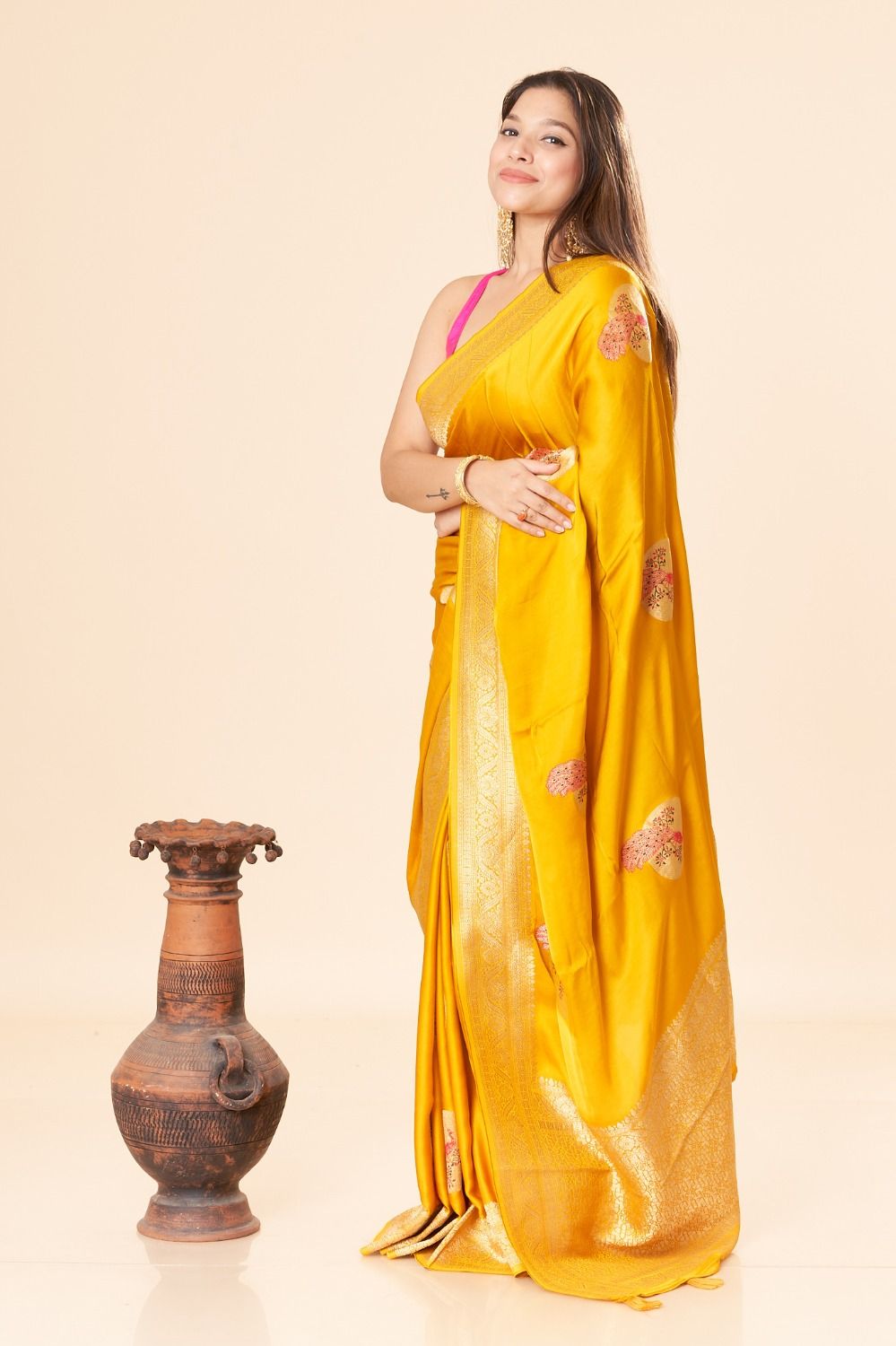 Golden Yellow Mashroo Silk Saree with Exquisite Peacock Thread work ...