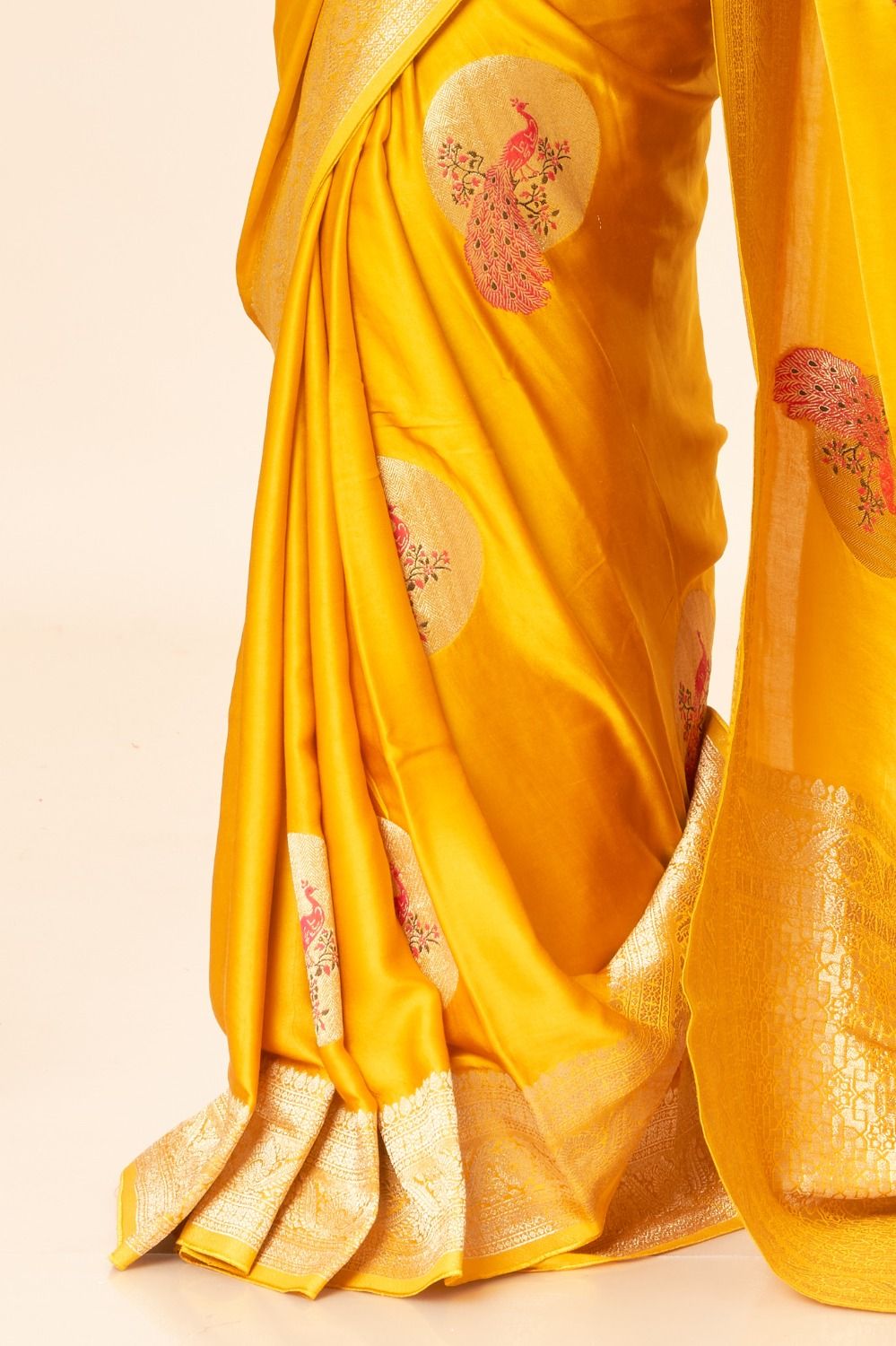 Golden Yellow Mashroo Silk Saree with Exquisite Peacock Thread work ...