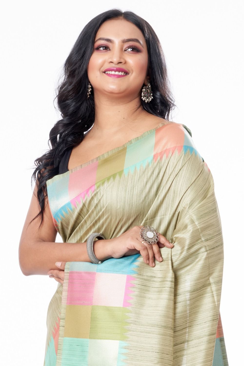 LIGHT GREEN BODY SILK MULTICOLOURED TEMPLE BORDER, FLORAL PRINTED ...