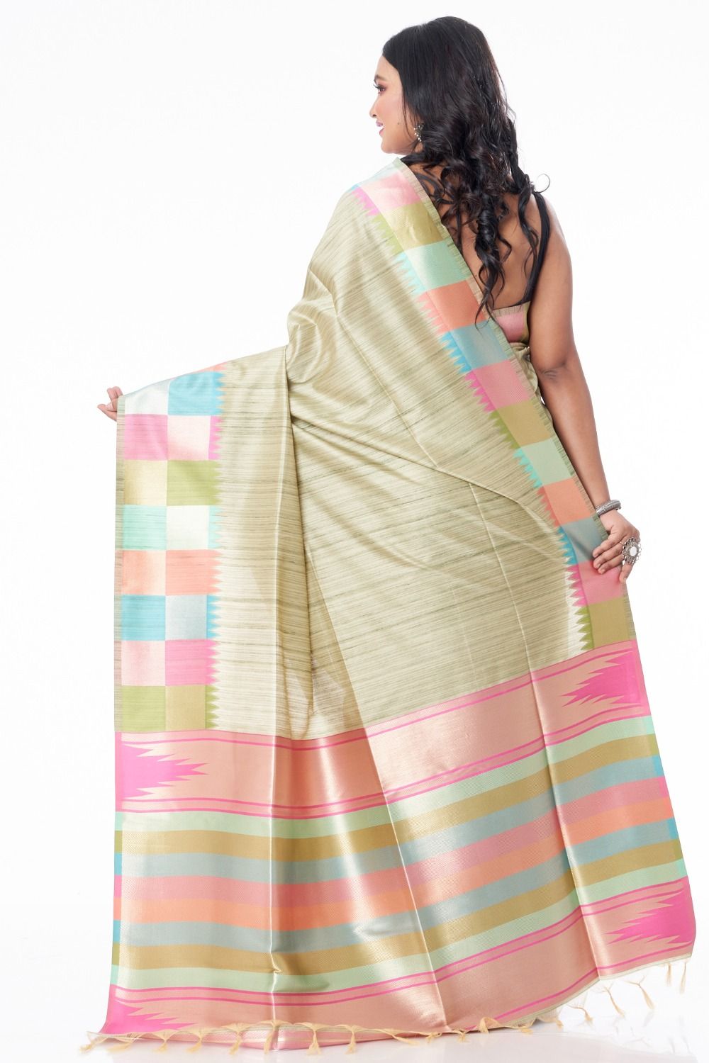 LIGHT GREEN BODY SILK MULTICOLOURED TEMPLE BORDER, FLORAL PRINTED ...