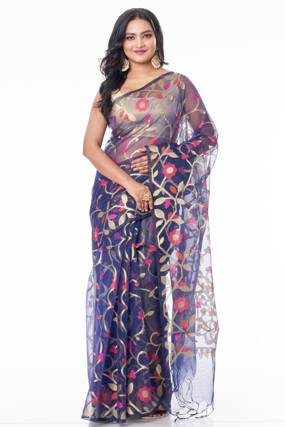 BLUE BODY WITH ALL OVER FLORAL PATTERN THREADWORK, BROCADE BLOUSE PIECE