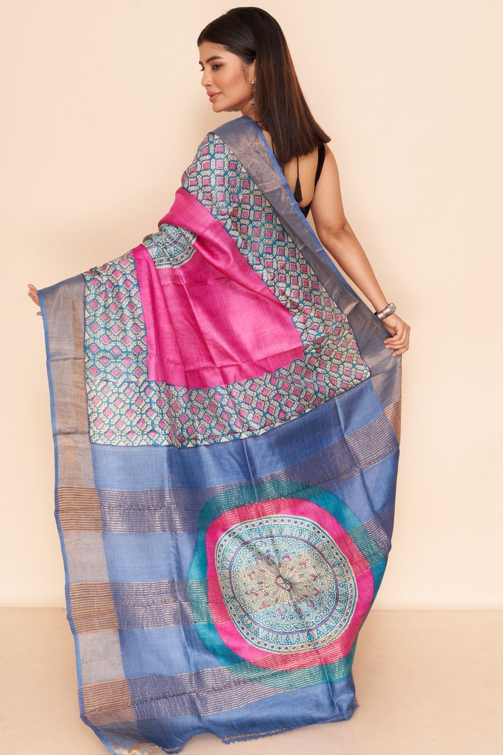 PRINTED TUSSAR WITH ZARI BORDER