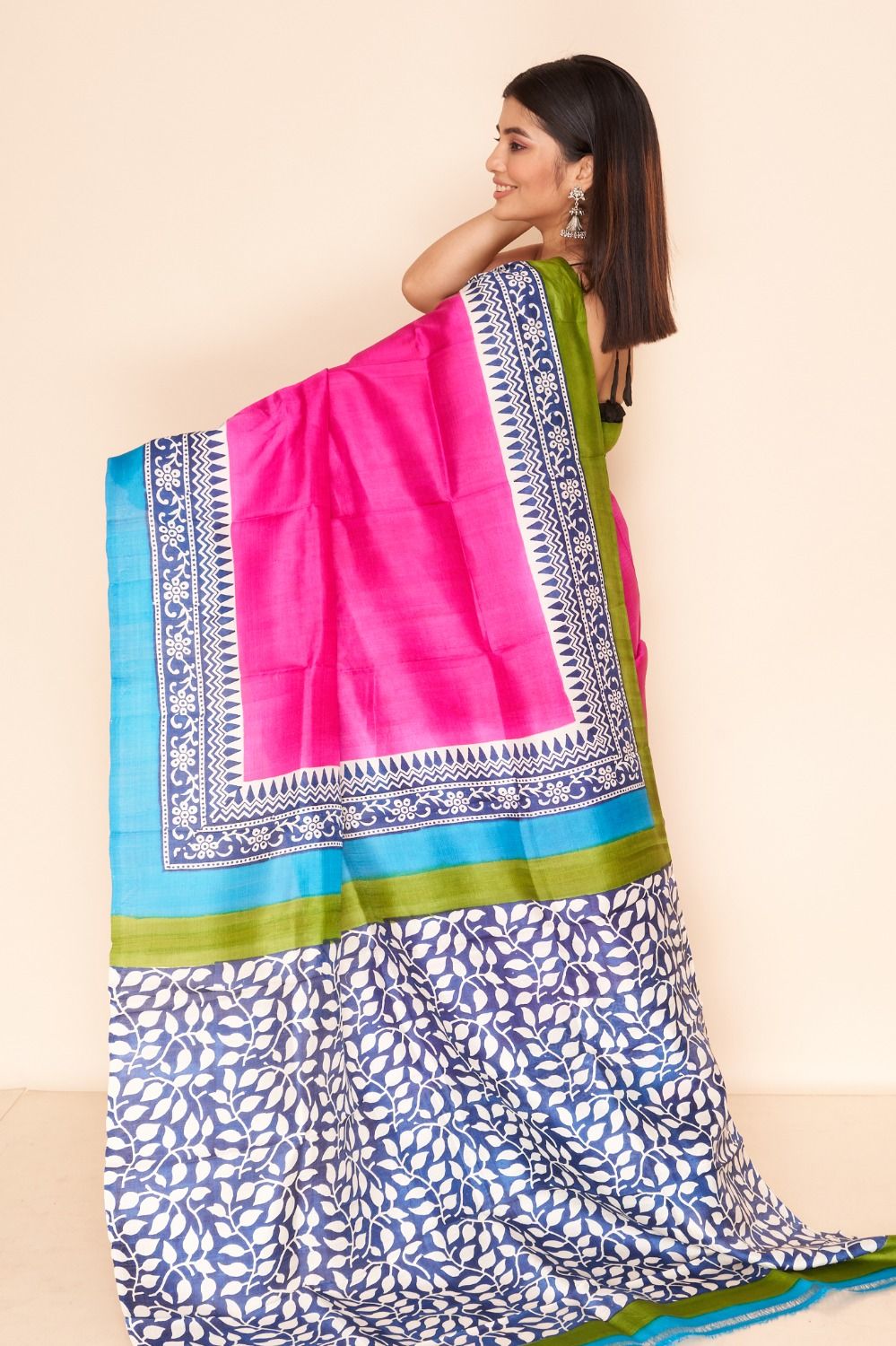 PRINT ON PURE SILK, CONTRAST PALLU