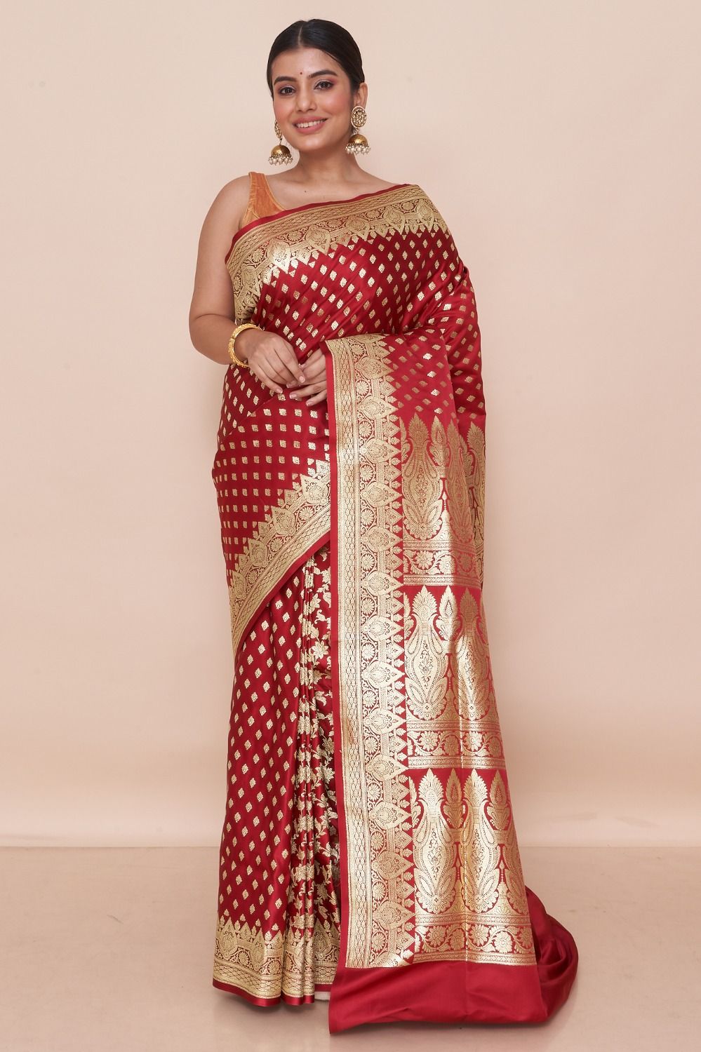 MAROON ALL OVER GOLD ZARI WORK BENARASI, PATLI PALLU, MATCHING BLOUSE PIECE