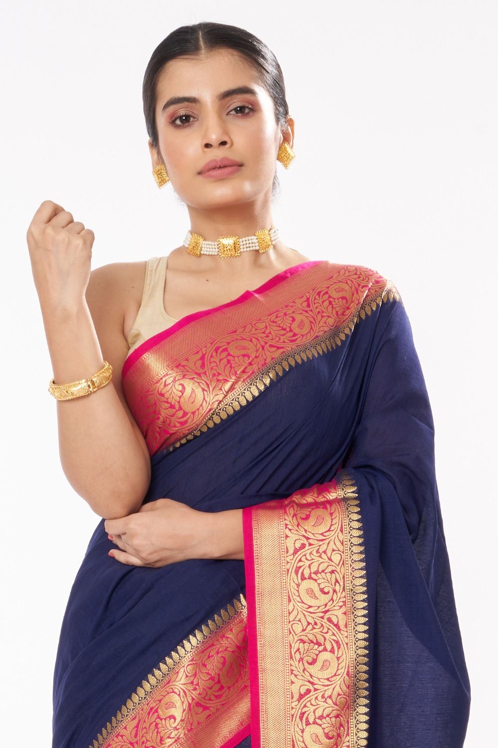 NAVY BLUE & RANI COMBINATION GHICHA SILK, CONTRAST BORDER AND PALLU ...