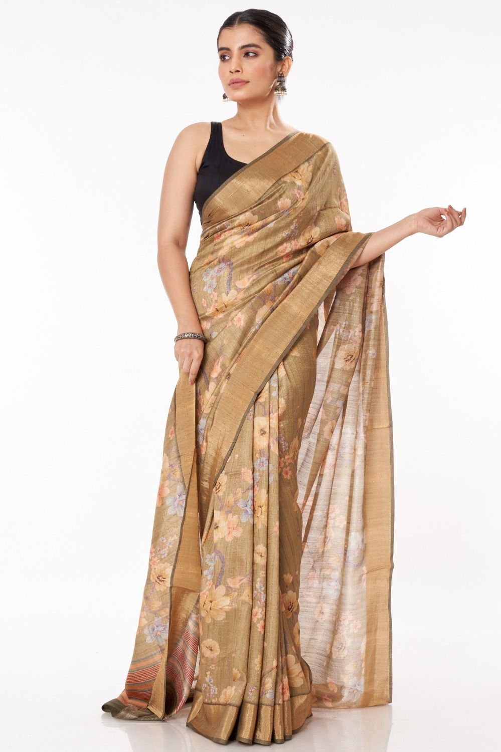 DIGITAL PRINTED MOSS GREEN SILK TUSSAR WITH MATCHING BLOUSE PIECE