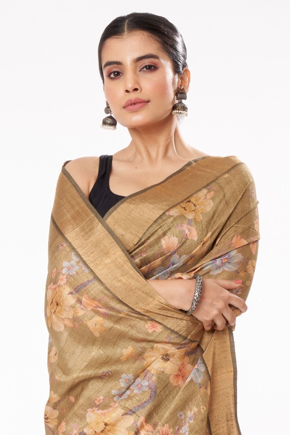 DIGITAL PRINTED MOSS GREEN SILK TUSSAR WITH MATCHING BLOUSE PIECE
