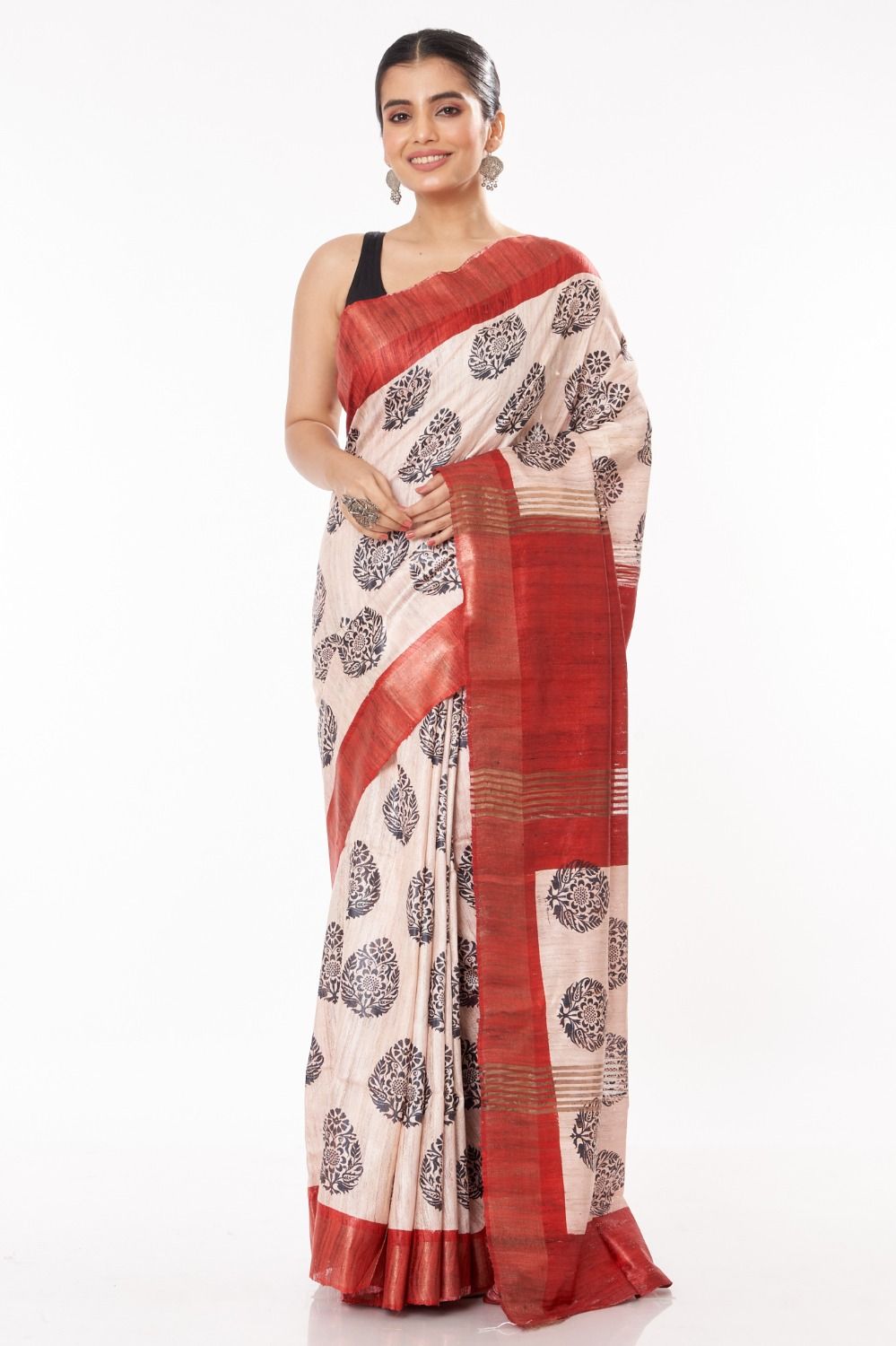 TUSSAR GHICHA WITH ALL OVER BLACK BUTA WORK, CONTRAST PALLU & BORDER ...