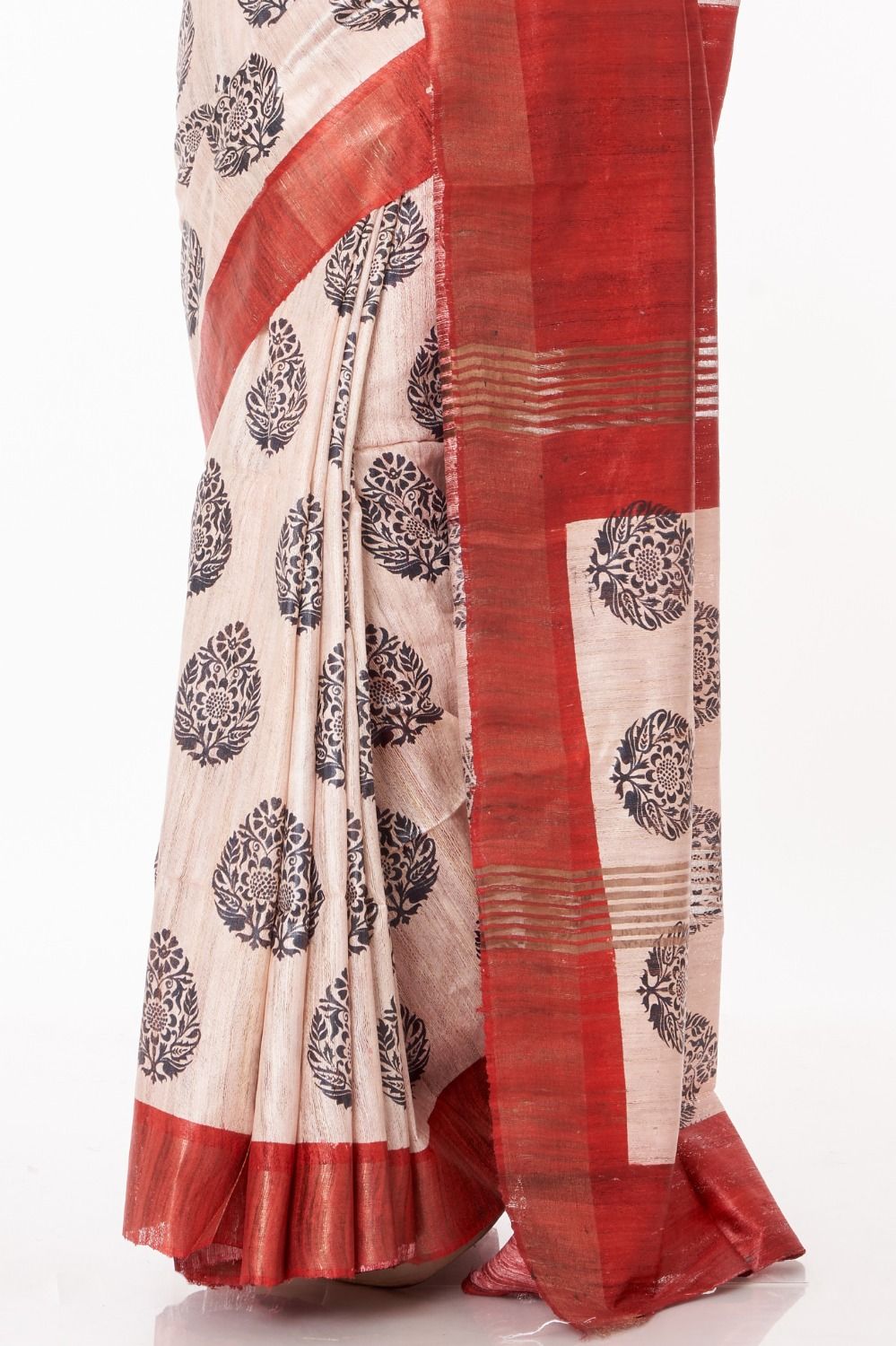 TUSSAR GHICHA WITH ALL OVER BLACK BUTA WORK, CONTRAST PALLU & BORDER ...